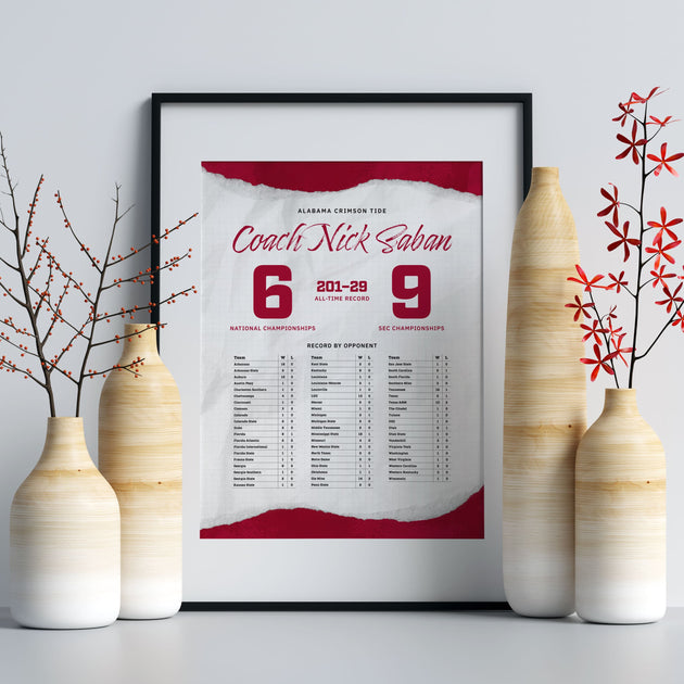 Alabama Coach Nick Saban's Career By the Numbers Wall Art – Pediment ...
